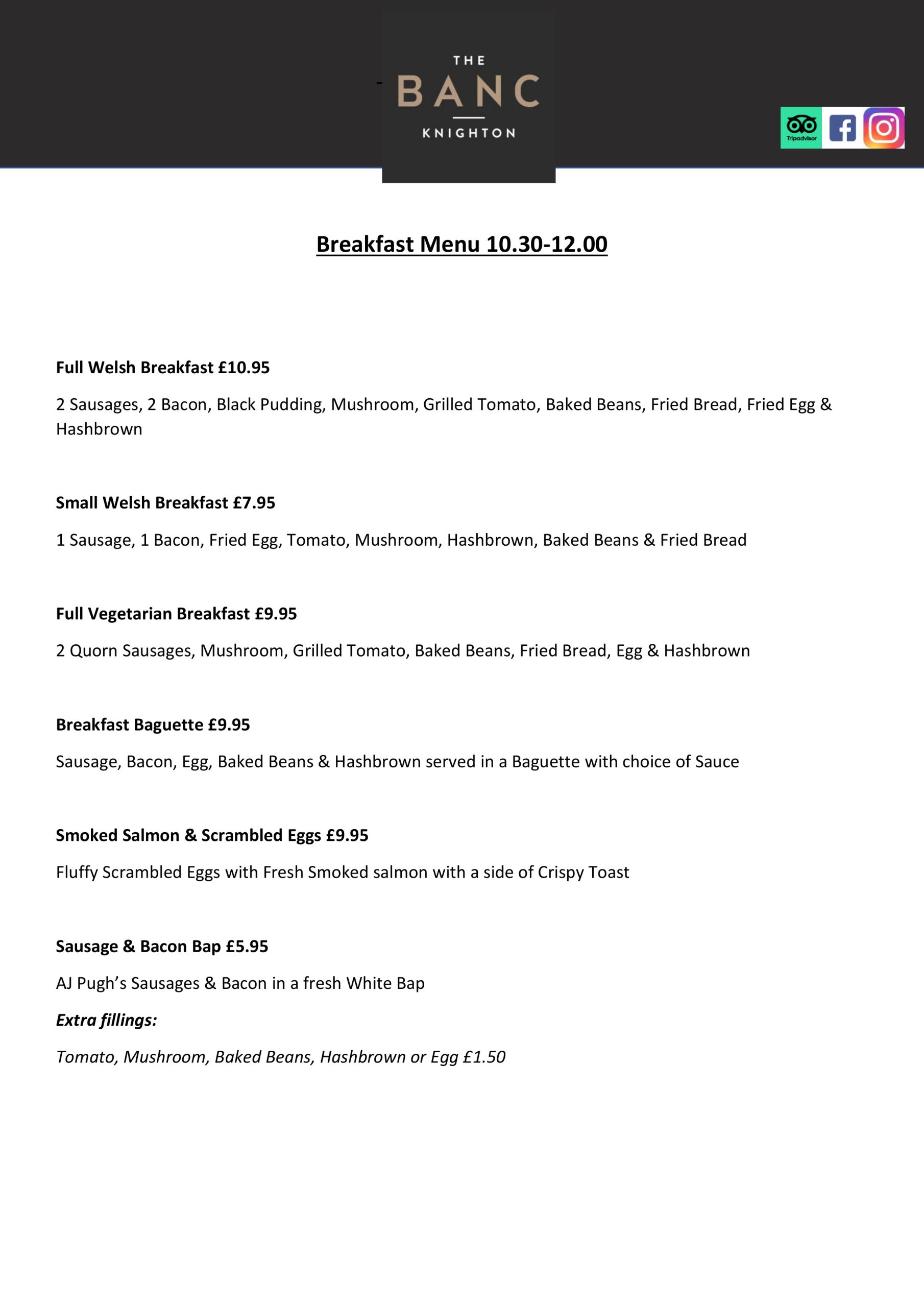Breakfast Menu - The Banc Knighton